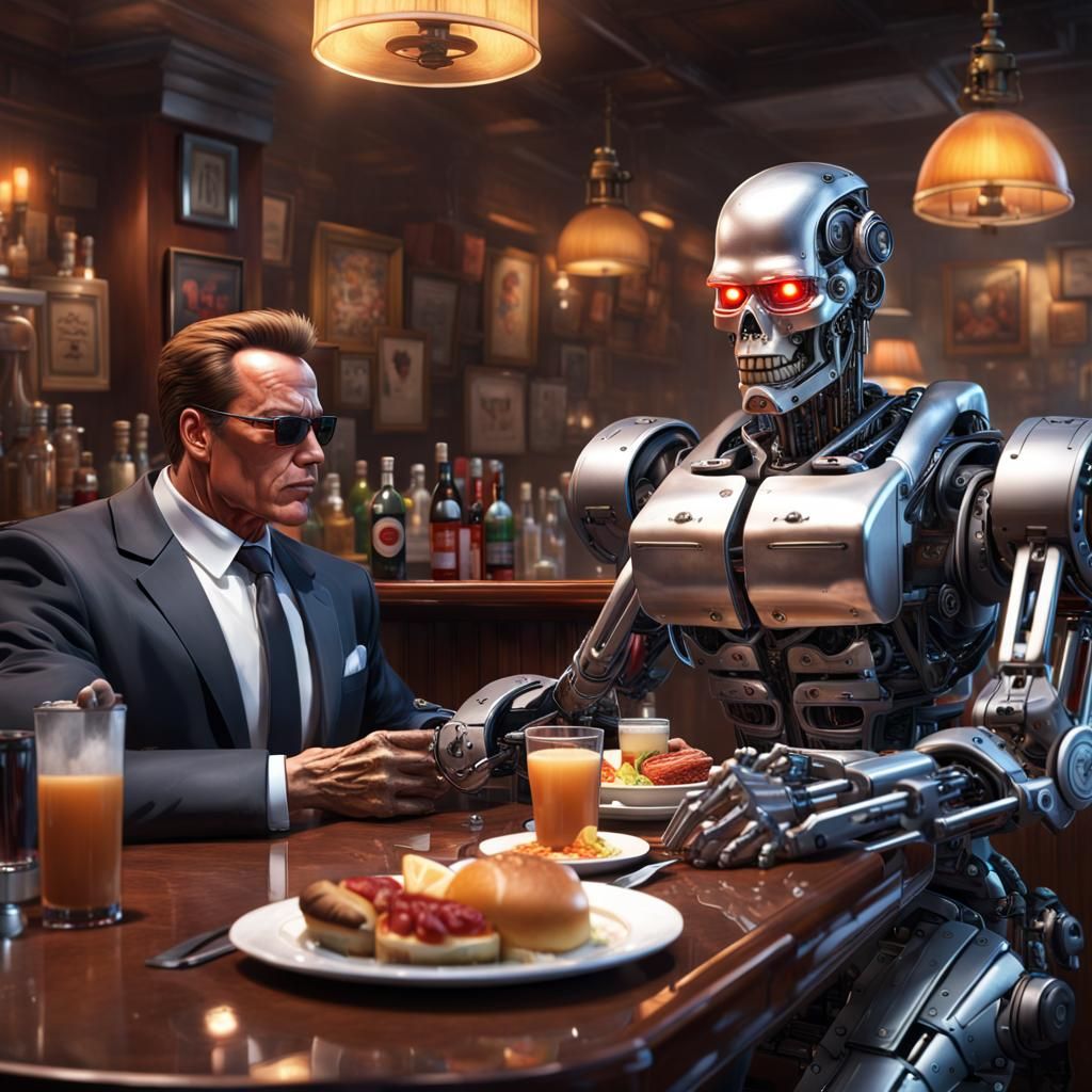 Terminator in English breakfast togheter Arnold Schwarzenegger - AI ...