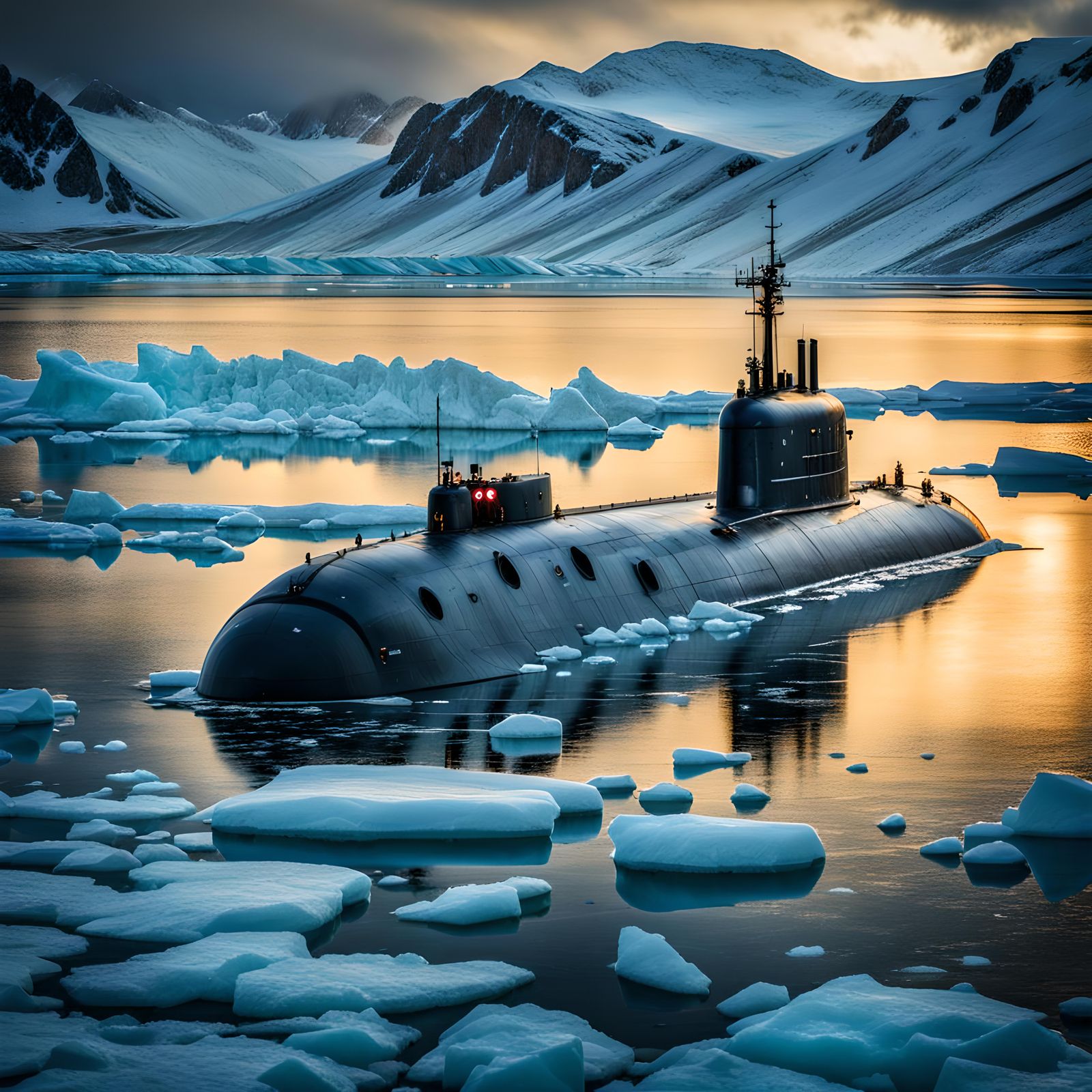 A submarine emerging from the icy water of the Arctic Ocean at midnight, glaciers, ice, snow ...
