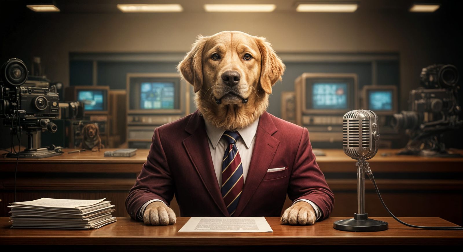 Golden News Anchor Dog in Vintage Newsroom Attire - AI Art