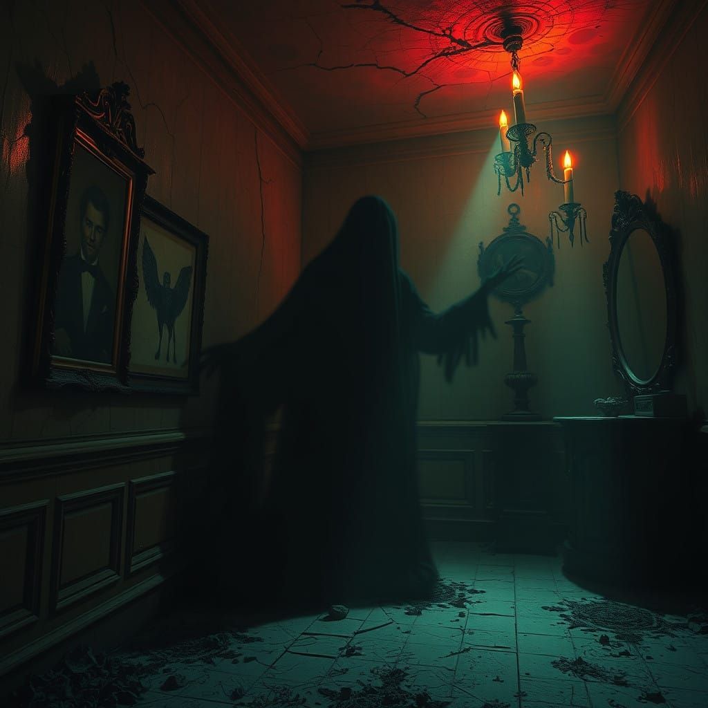 In the decrepit, Victorian mansion's depths, a ghostly, ethereal shadow ...