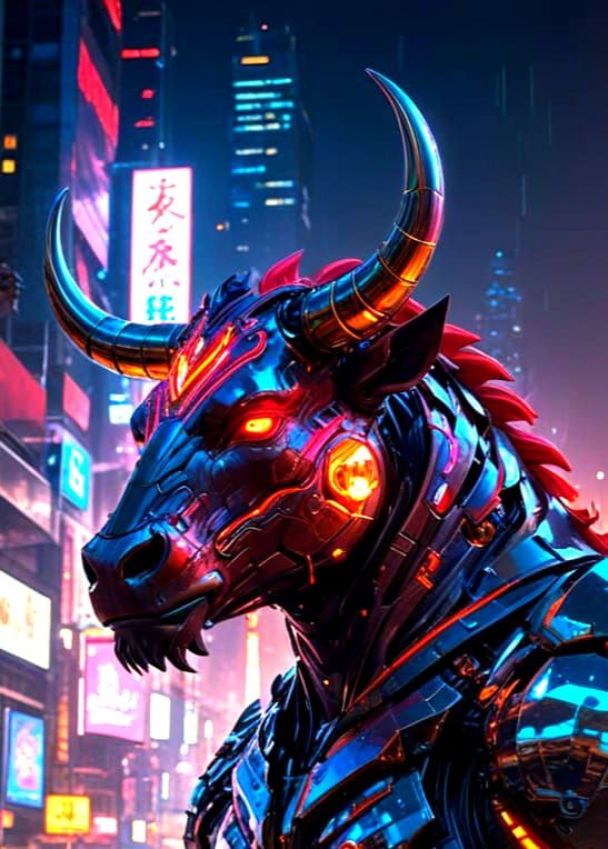 Cyborg Minotaur in Neon City - AI Art
