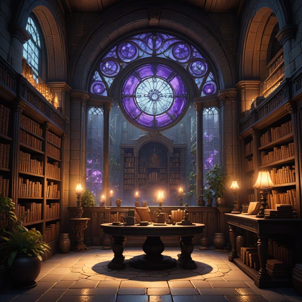 Dark fantasy, tranquil, ethereal library