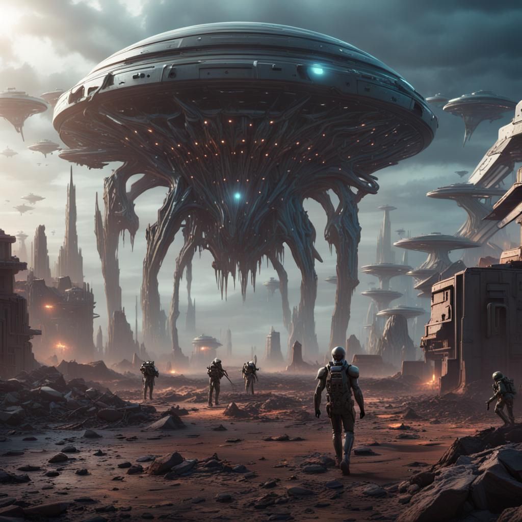 sci-fi scene of an alien invasion with futuristic weapons and heroic ...