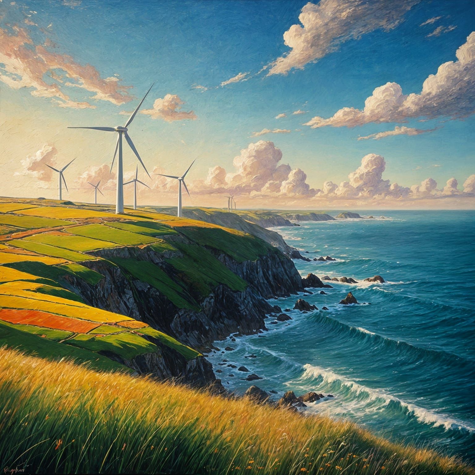 Cornish coastal scape. Wind turbines.