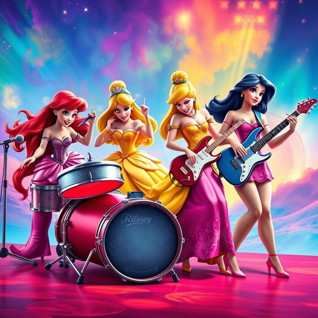 (4 Disney Princesses rockband:1.6), (drummer, Ariel:1.5), (bass guitar ...