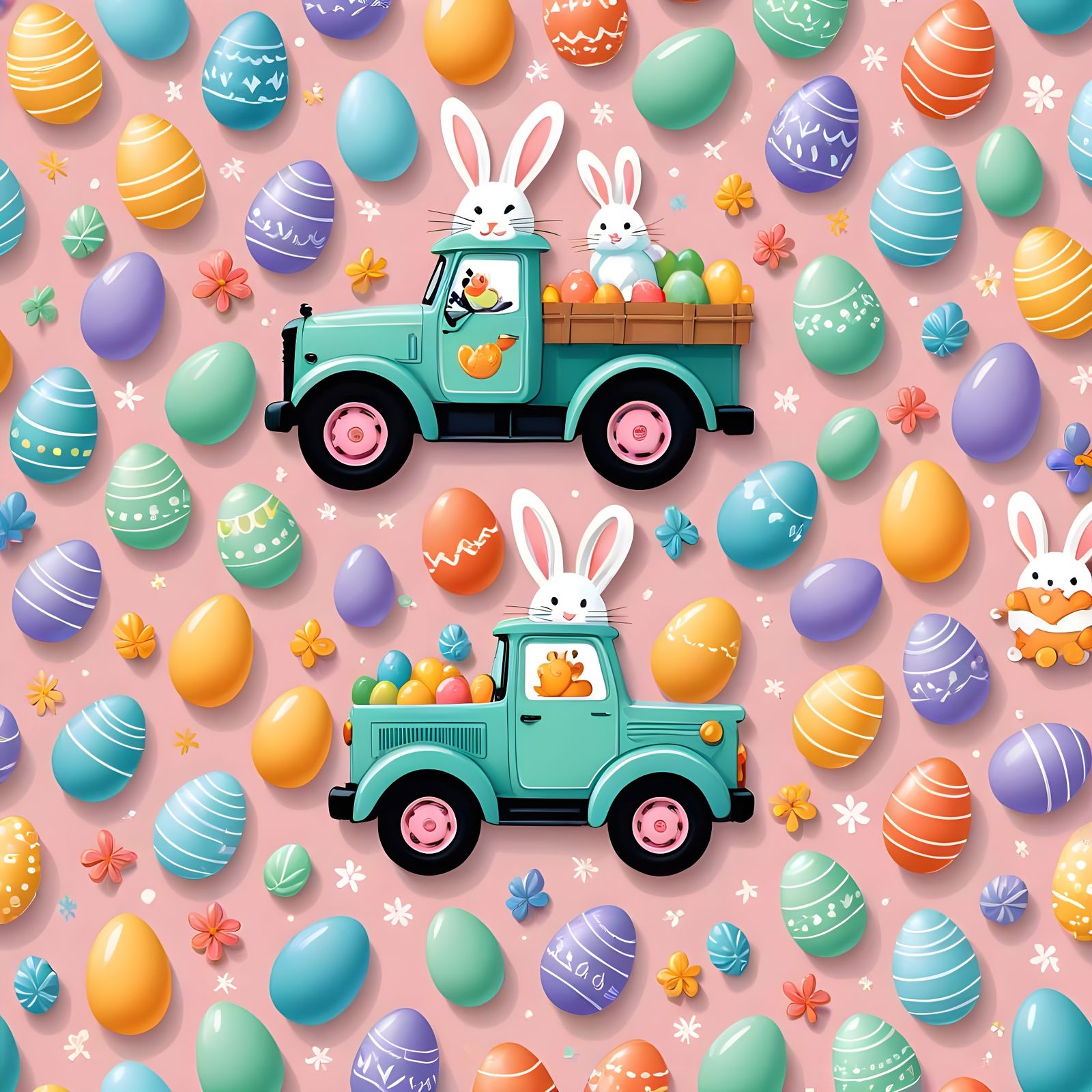 Colorful Easter Semi Tractor with Bunny Ears and E... - AI Art