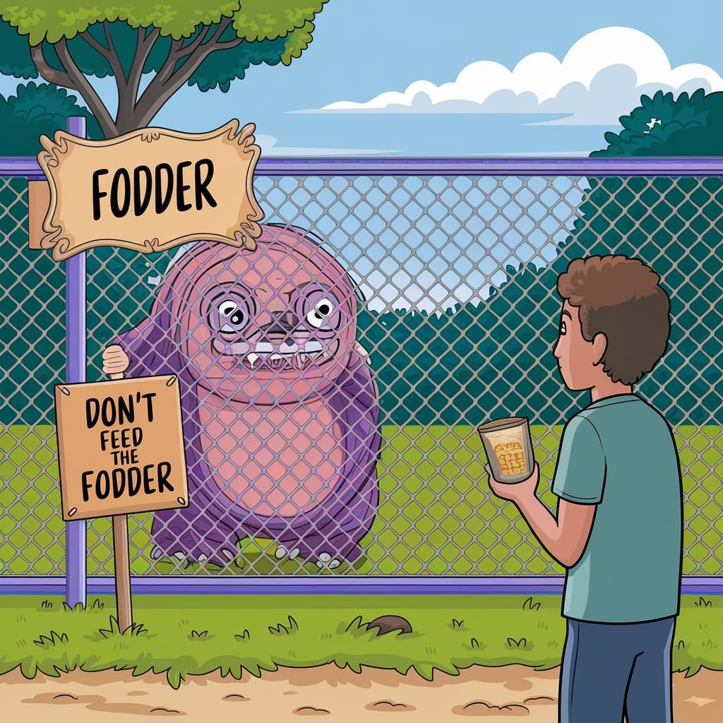 A comic, cute, weird-looking monster behind a fence at a zoo with an elegant display sign ...