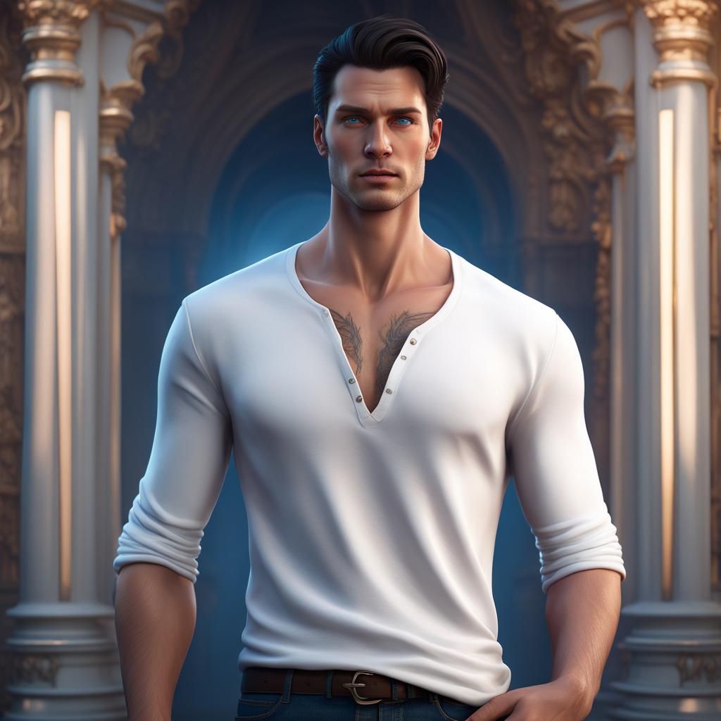 A tall, handsome man with dark hair and piercing blue eyes stands ...