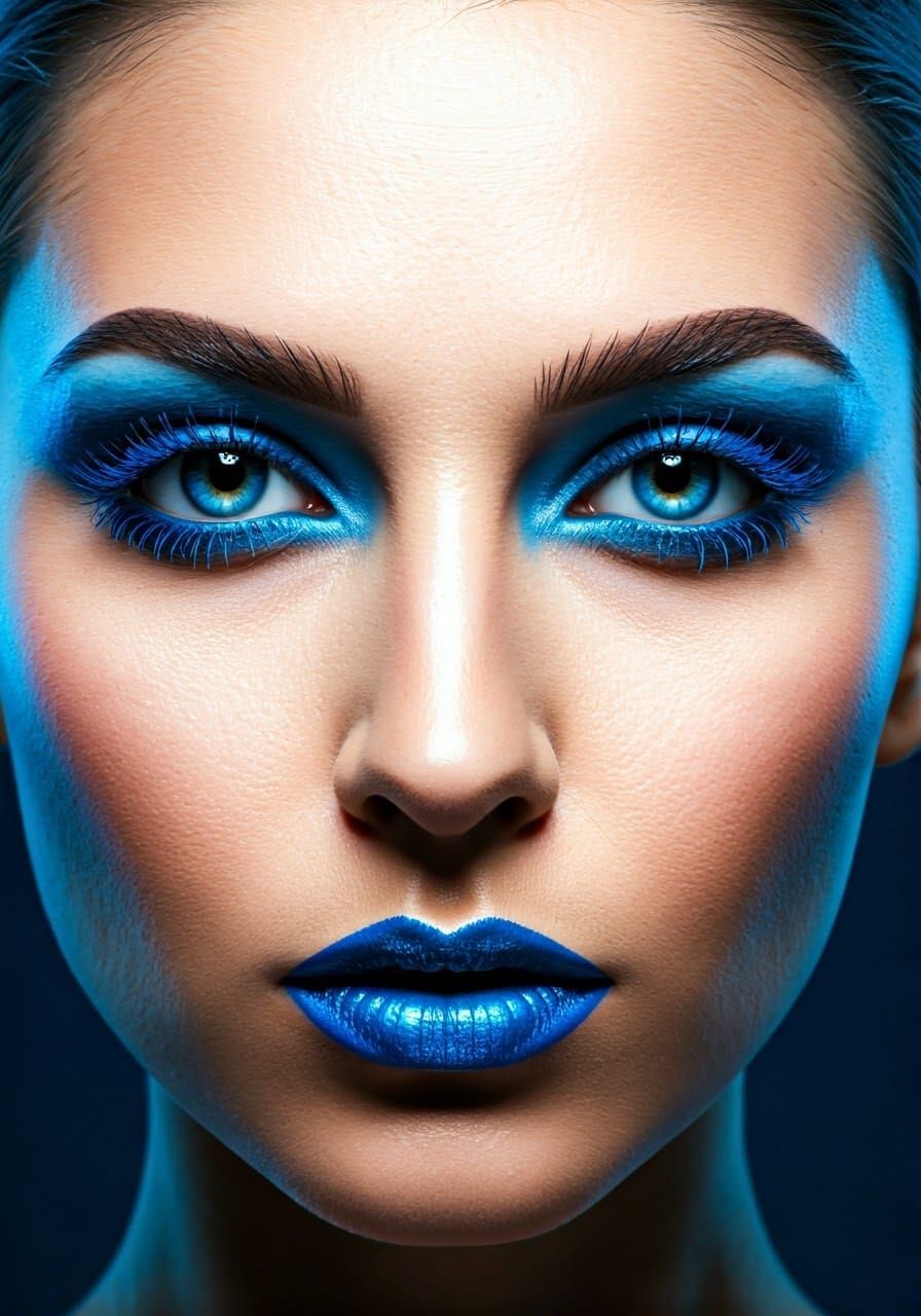 A striking close-up of a woman with bold electric blue makeup.