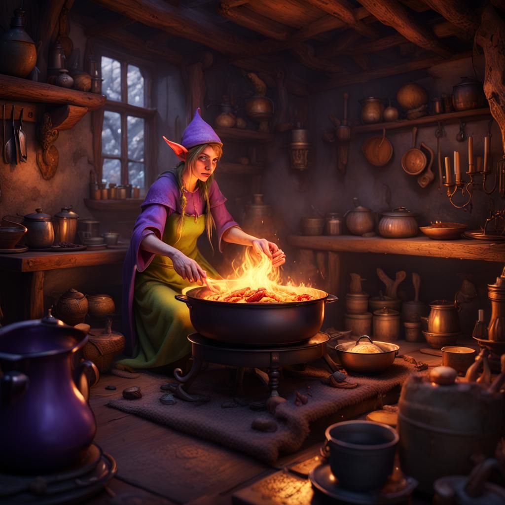 Elf like creature inside a cozy dwelling cooking dinner over a small ...