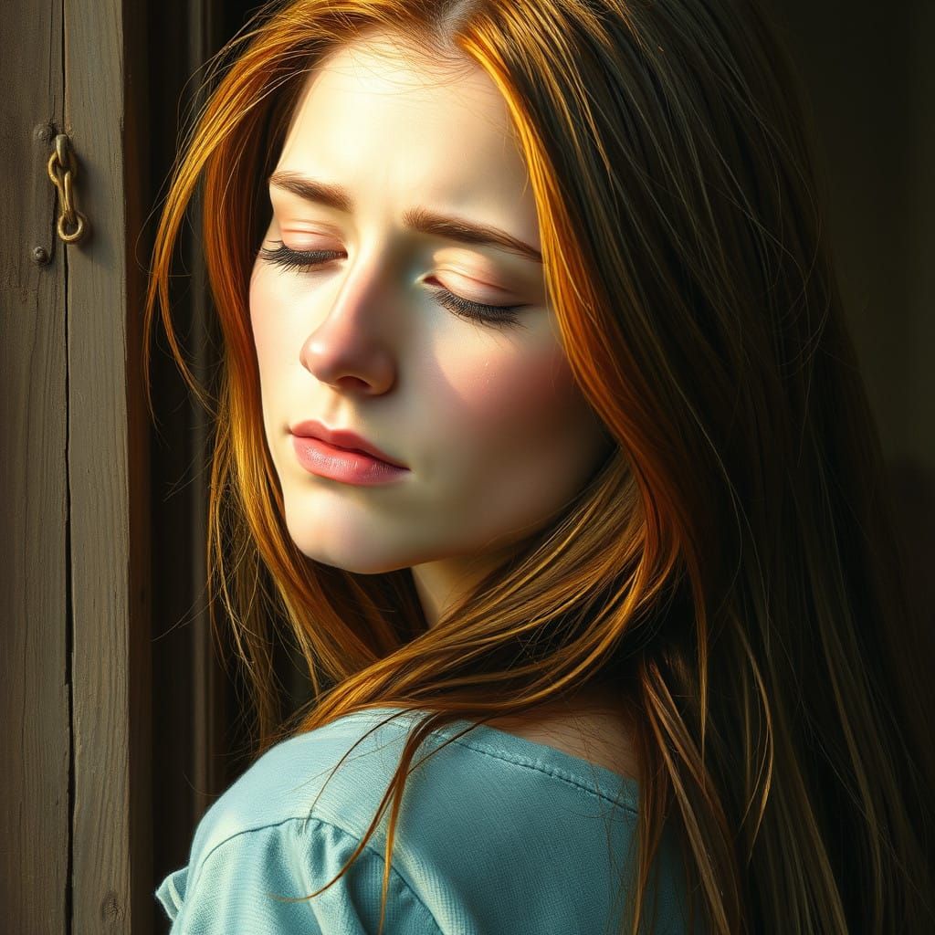 A woman with long flowing hair slowly closes her vibrant green eyes ...