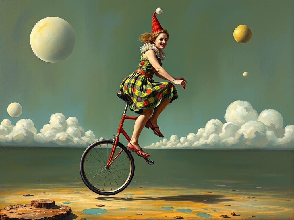 Clown on a half-cycle - Surrealist Clown on a Melting Unicyc...