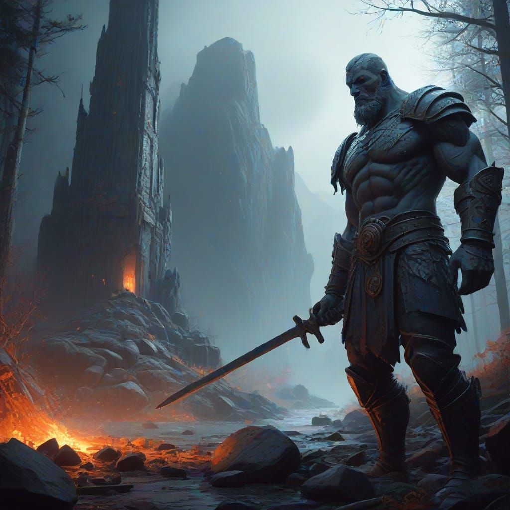 Epic Stone Giant Blacksmith Forges Sword with Elem... - AI Art