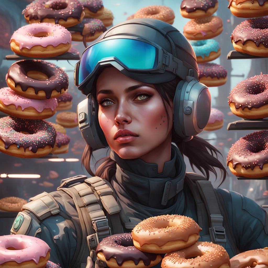 Girl in tactical gear surrounded by donuts - AI Generated Artwork ...