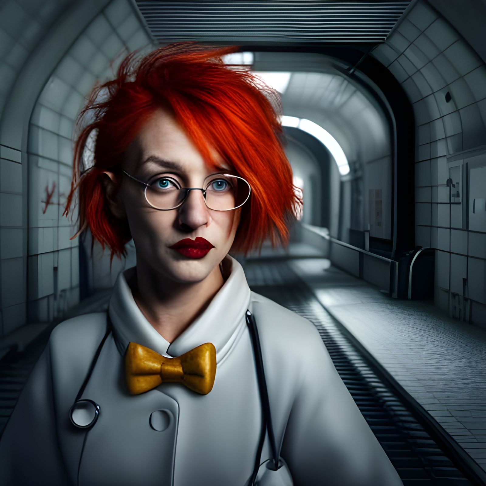 A crazy but beautiful female, slightly clown-like mad scientist with ...