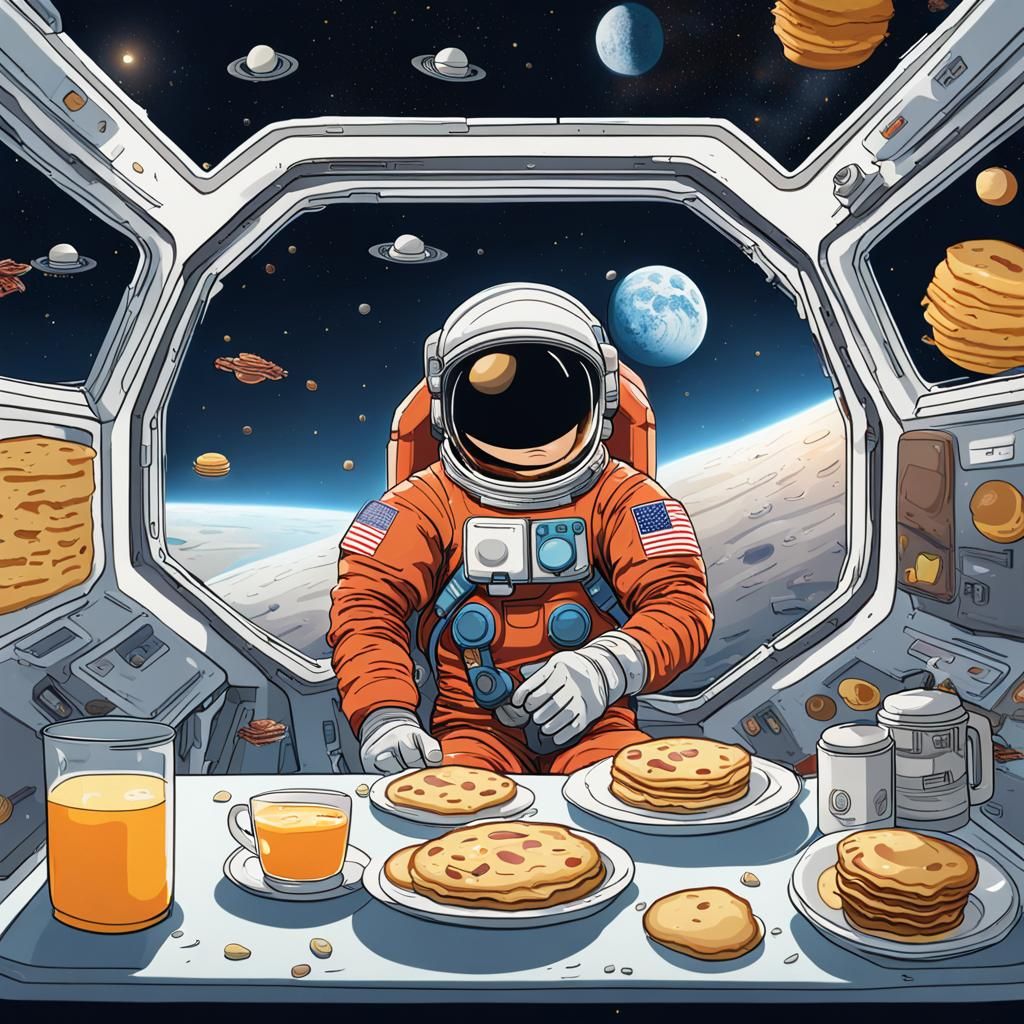 Inside a space station, an astronaut floats leisurely, surrounded by floating pancakes, eggs ...