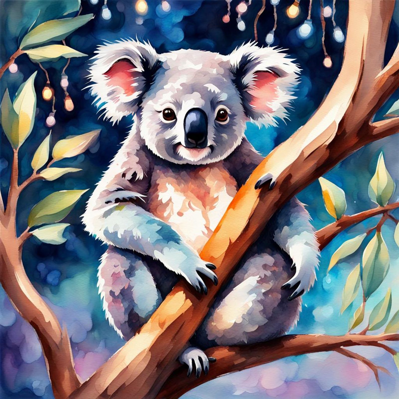 Cute koala sitting on a tree fantasy magical fairy lights soft edges ...