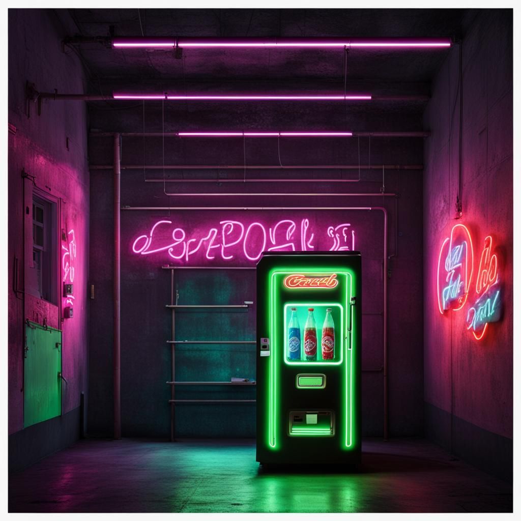 A neon glowing soda vending machine in an empty dark room liminal - AI ...