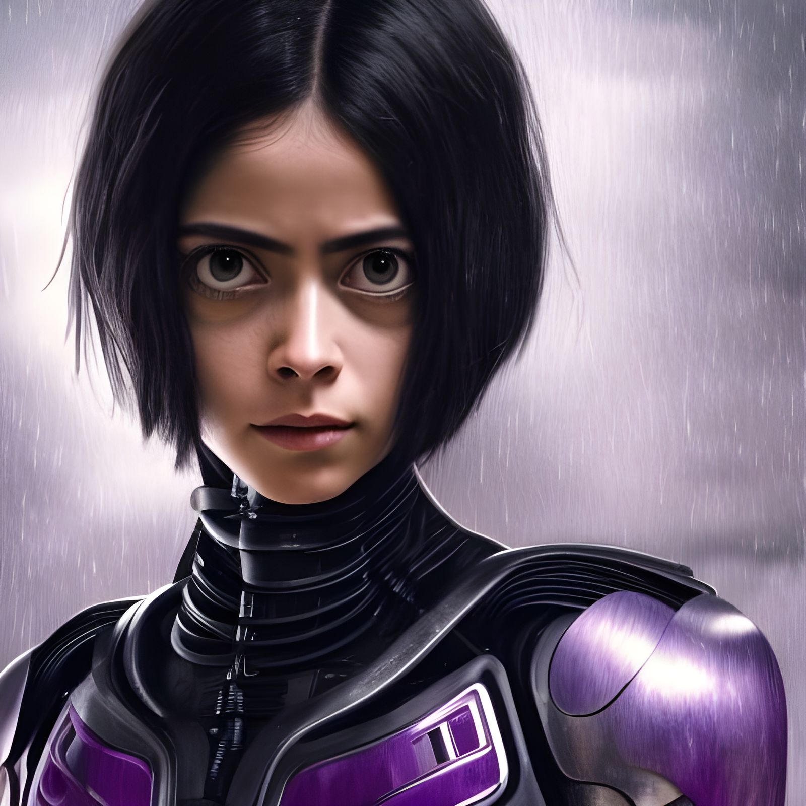 Actress Rosa Salazar As Alita Battle Angel Wearing A Black Purple Silver Outfit With A