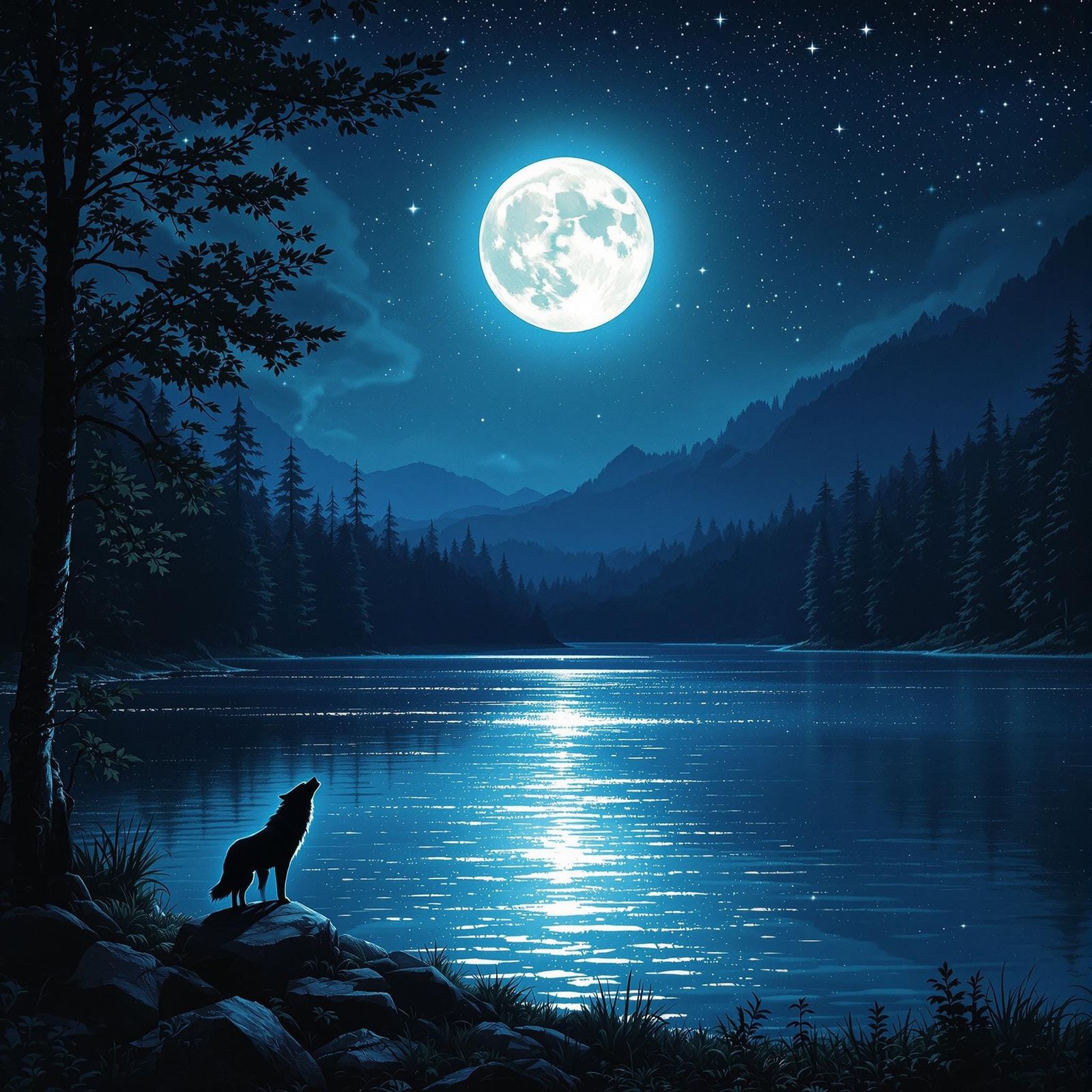 A luminous moon, full and round, hangs in the inky expanse of the night ...