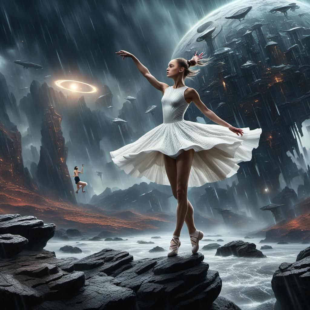 Ballerina in white dress, dances in the rain on a rocky planet. At her ...