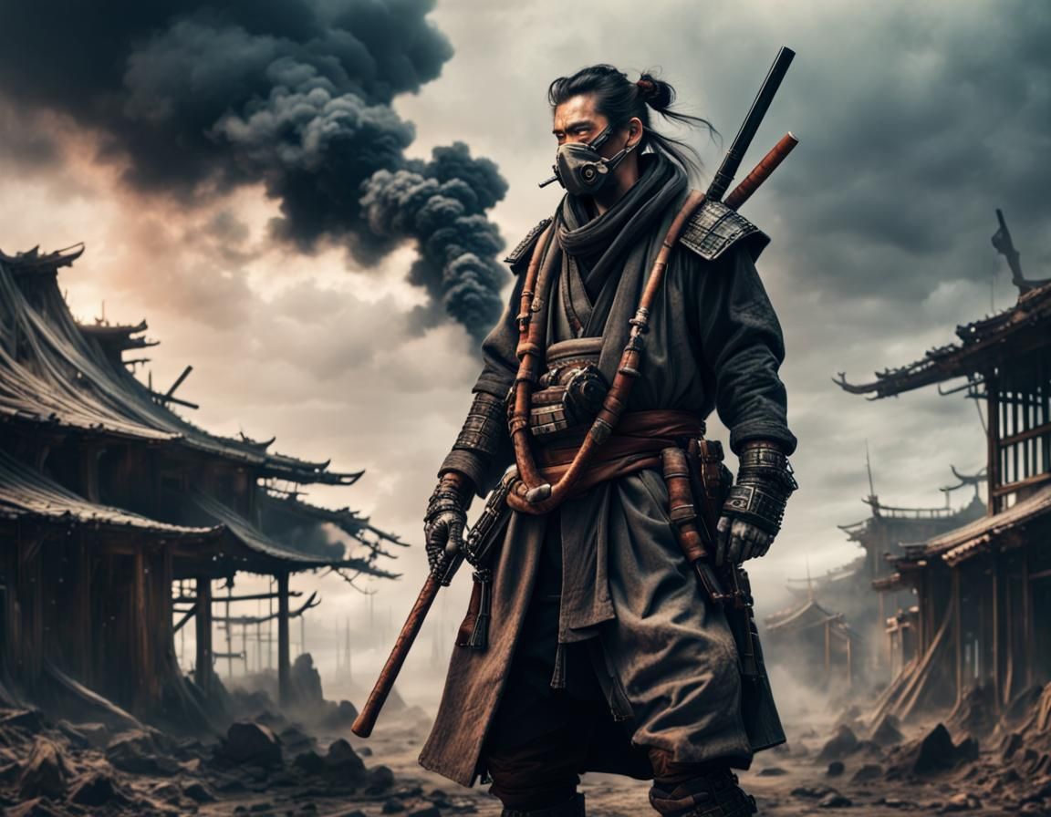 samurai smoking on post apocalyptic background - AI Generated Artwork ...