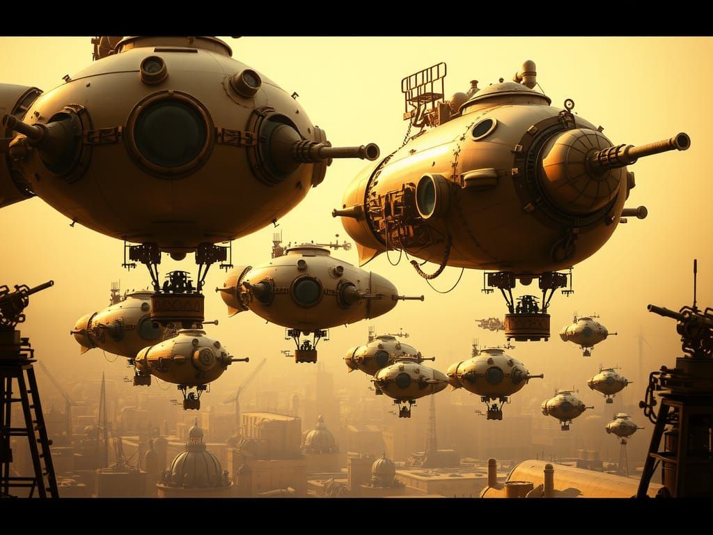 High definition. viewed from the ground, a fleet of military zeppelin ...