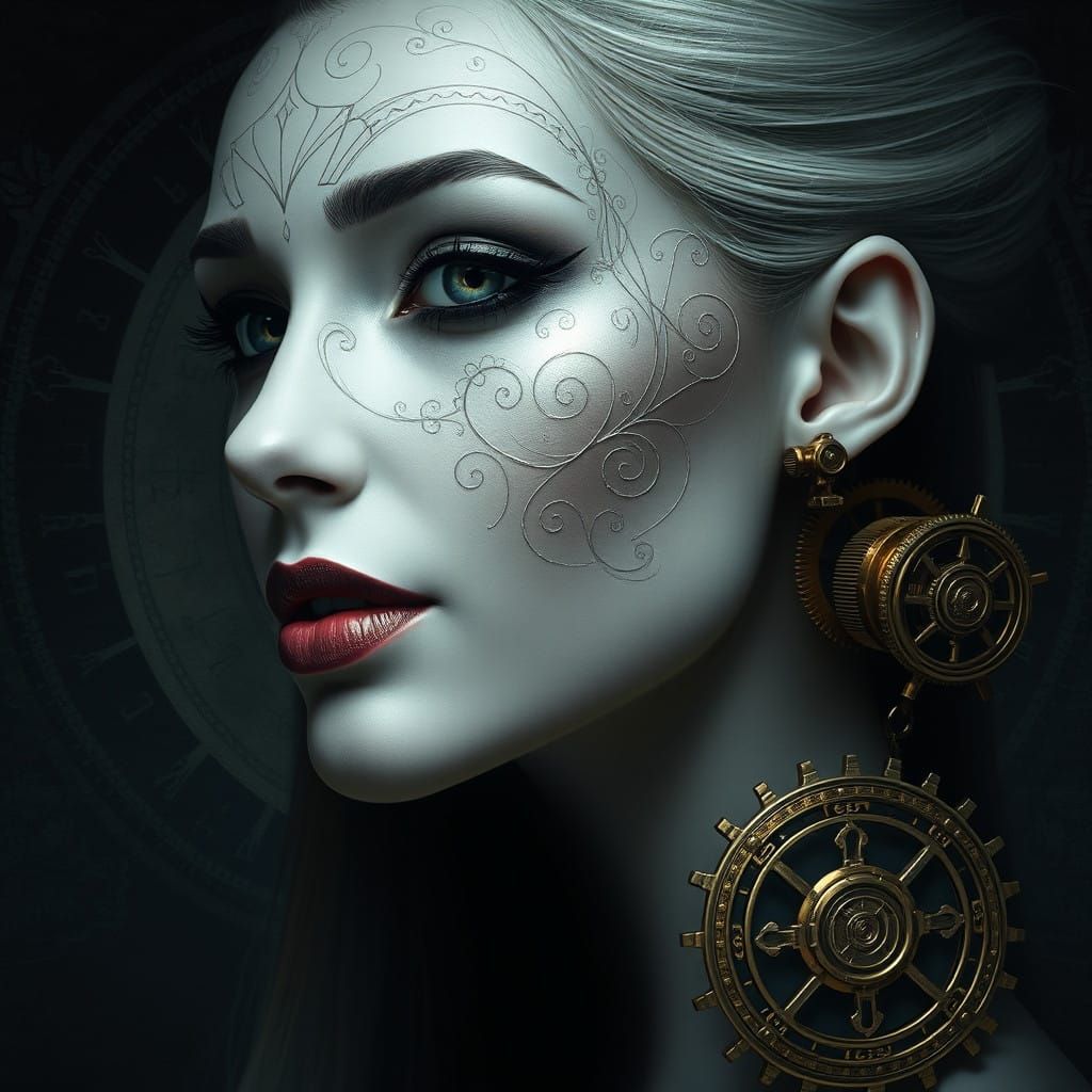 An ethereal white female face with porcelain skin, adorned with ...