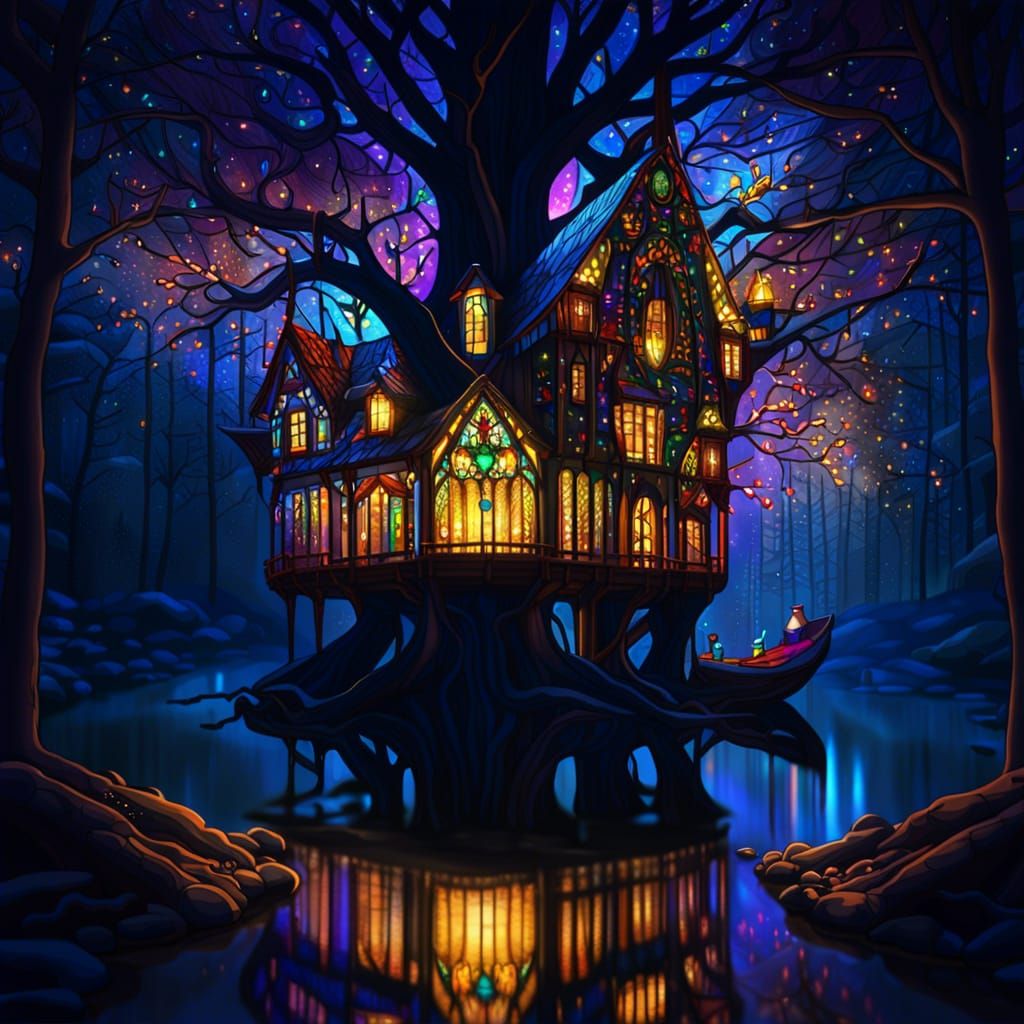 Stained-Glass Treehouse - AI Generated Artwork - NightCafe Creator