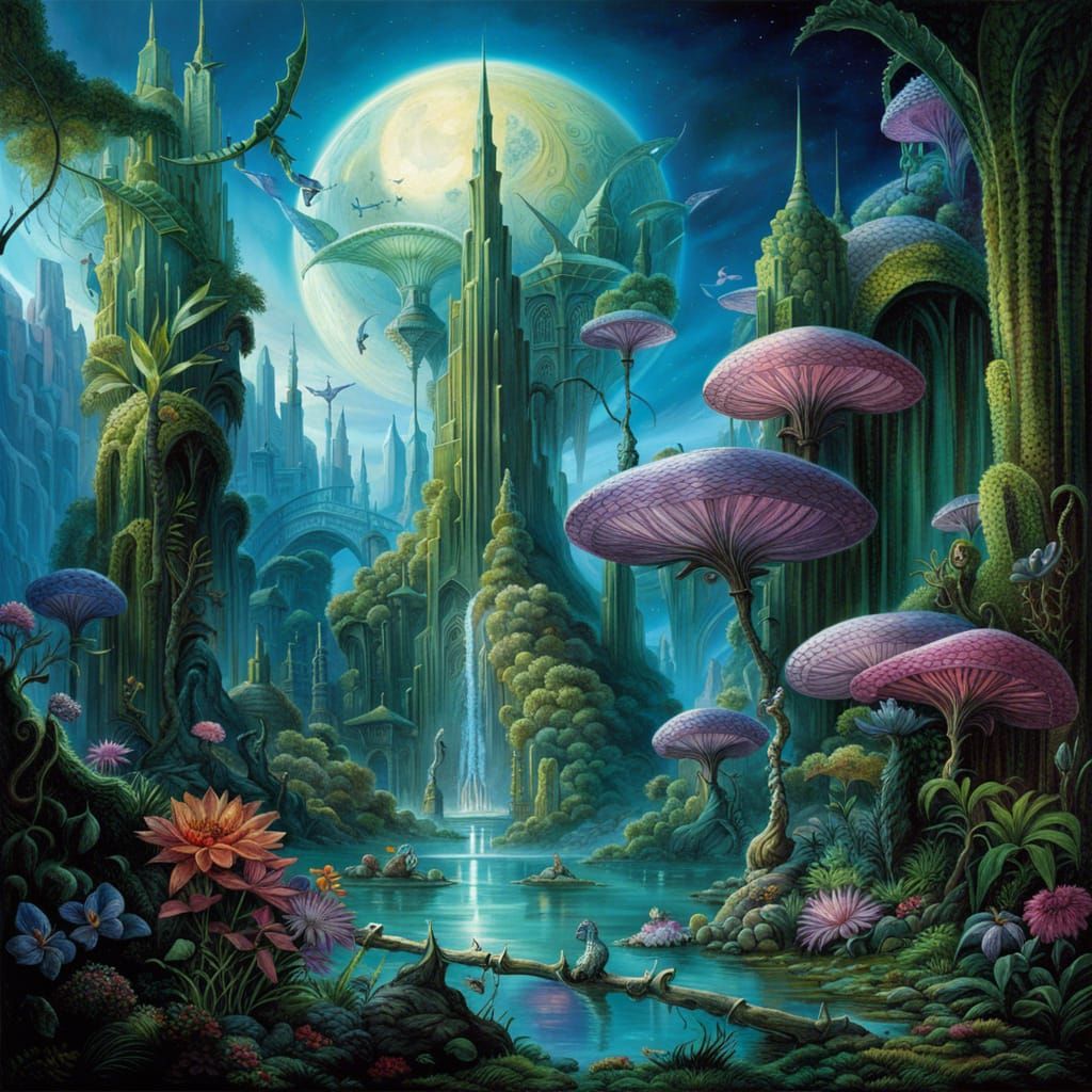 a fantastical garden on an alien planet with lots of large fantastical ...