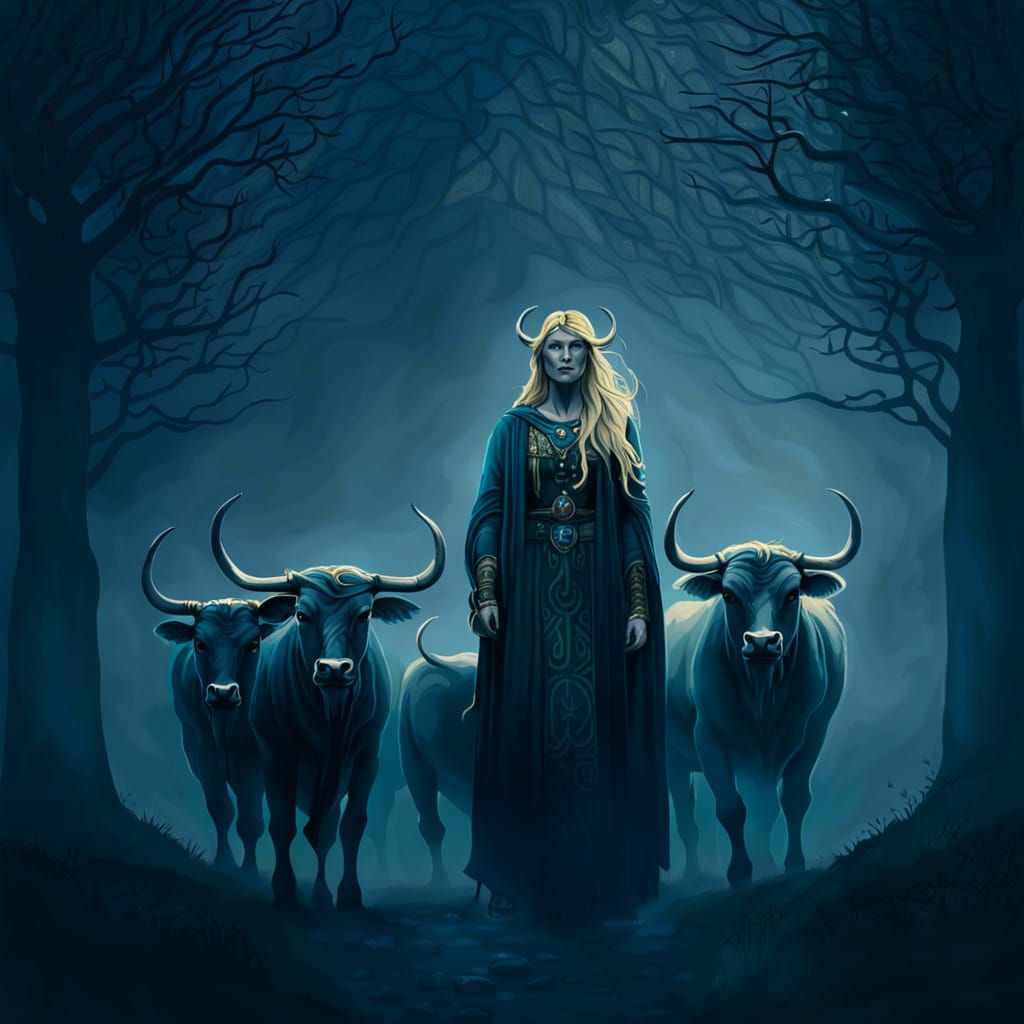 Norse Goddess Gefjon with her bull sons. - AI Generated Artwork ...