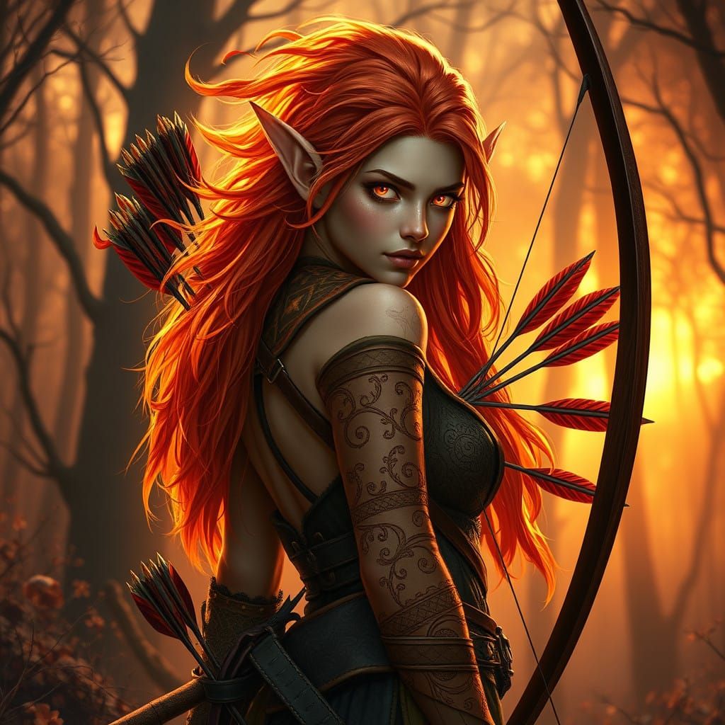 A female elf of ember wood forest, her hair flows like burning flames ...