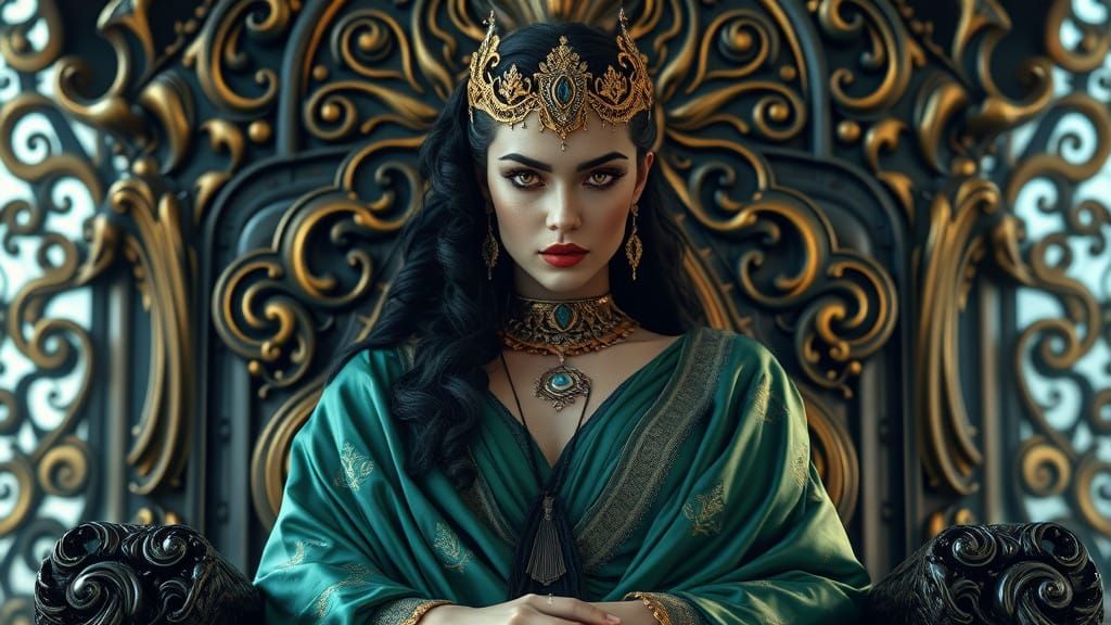 A stunning hyperrealistic portrait of a regal woman, draped in emerald silk, sitting ...