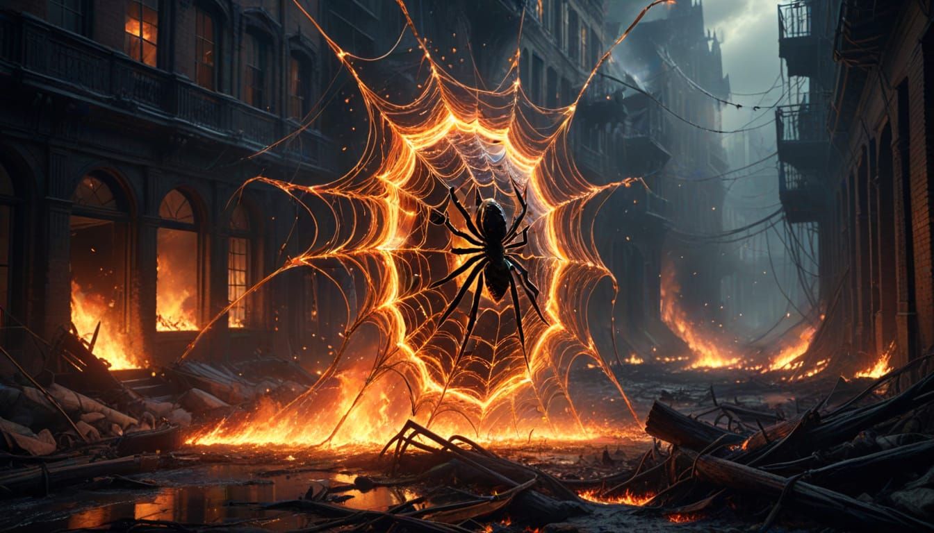 Giant Spider Web in Fiery Splendor - AI Art