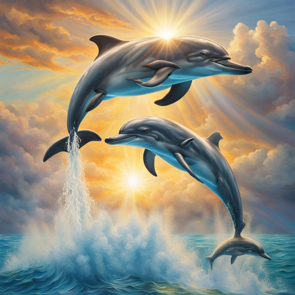 Dolphins leaping out of the ocean Hyperrealistic, splash art, concept ...