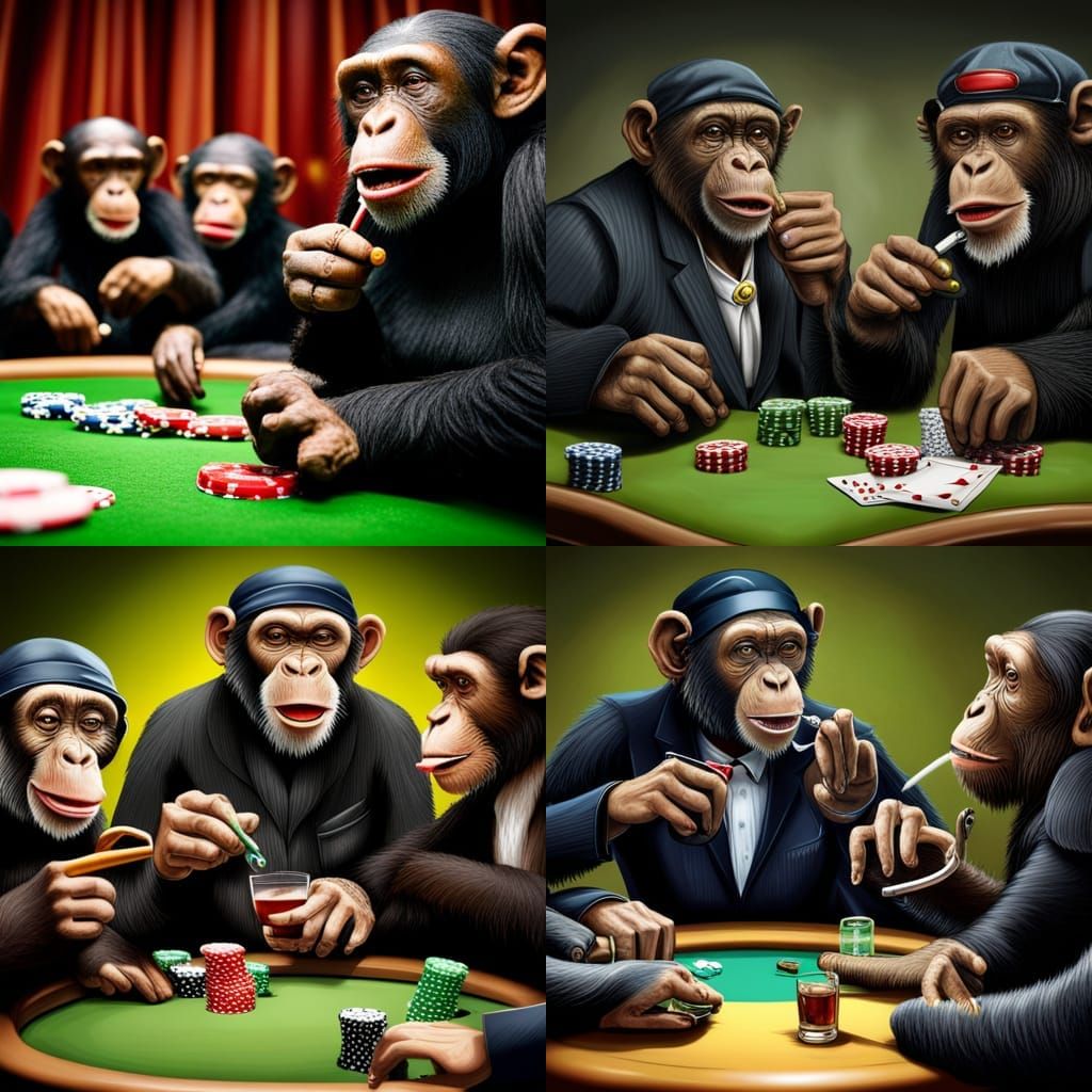 Group of chimpanzees at a poker table smoking a pipe with a glass of ...