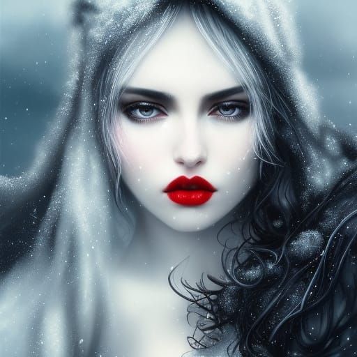 gothic ana de armas, snow beauty, windblowing long black hair, dark ...