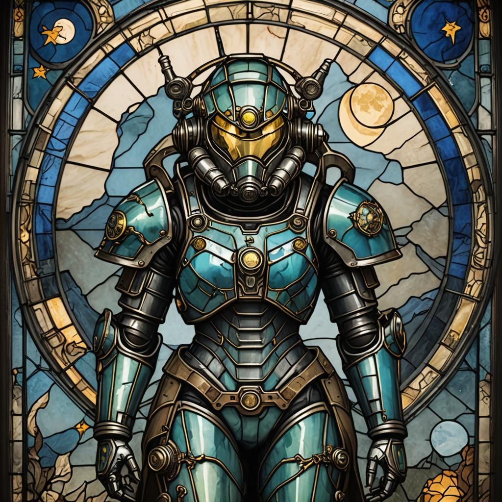 Stained glass window of a woman wearing fallout style power armor under ...