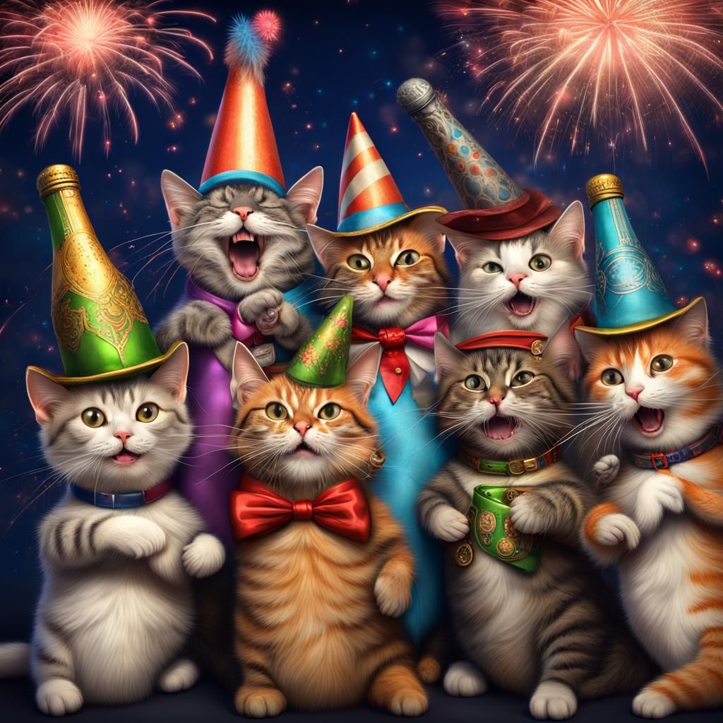 Several very drunken cats in party hats wearing watches dancing in a ...