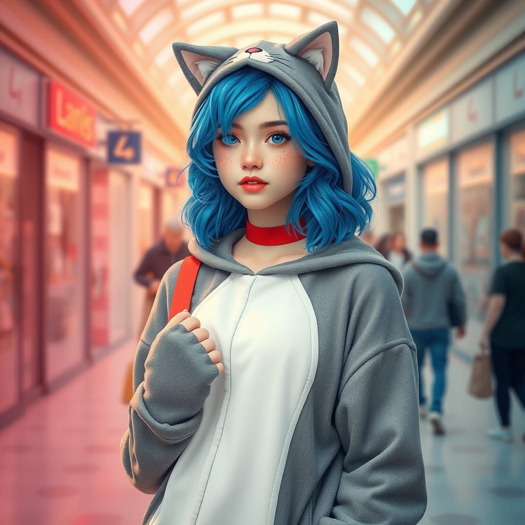 Charming Cat-Like Girl in Shopping Centre - AI Art