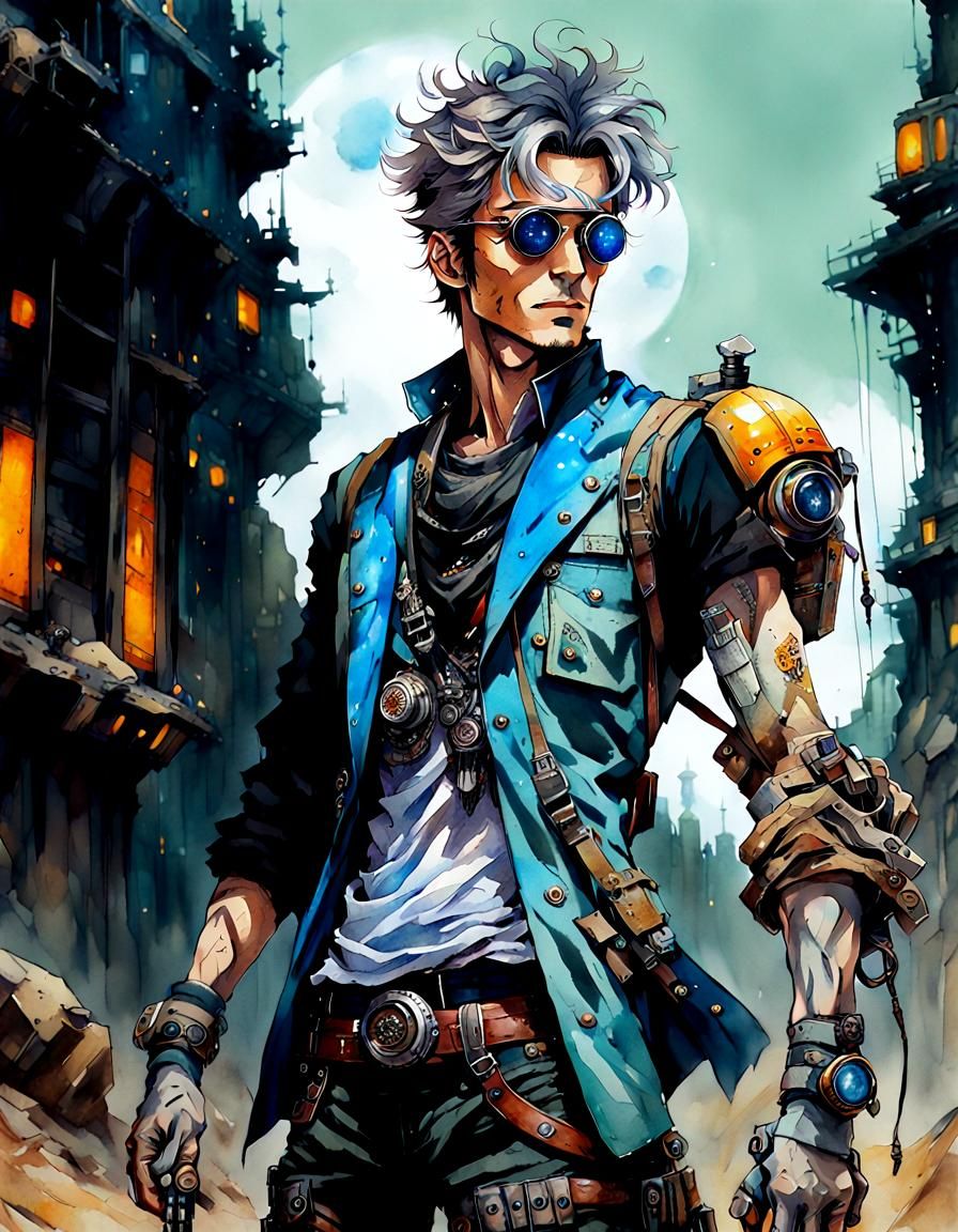 hyper detailed anime watercolor art of a handsome adventurerwith cyborg ...