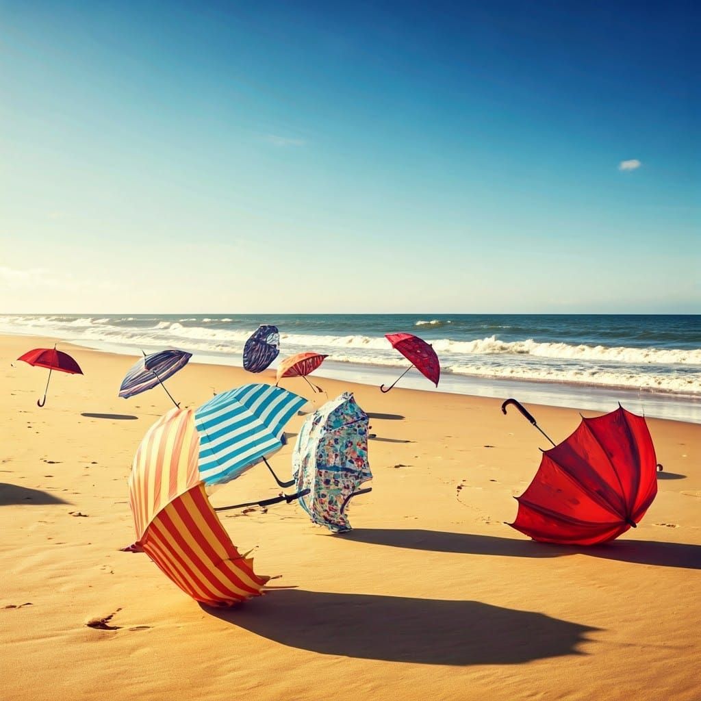 A windy day at the beach - Whimsical Beachscape with Colorf...