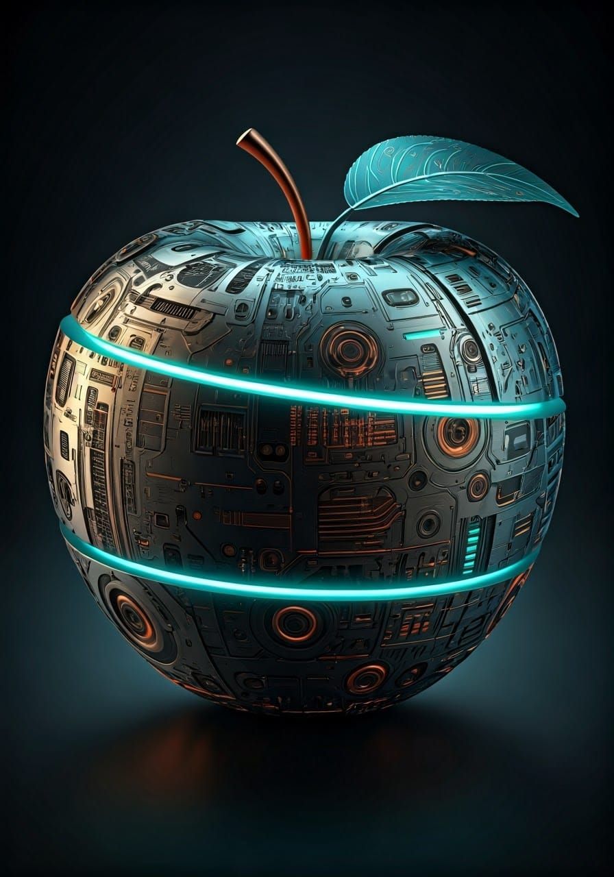 Mechanical apple with glowing neon details.
