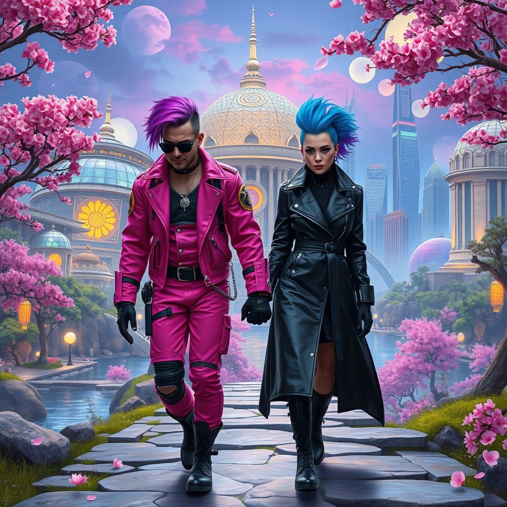 Cyberpunk Couple Strolls Through Eco-Utopian Metro... - AI Art