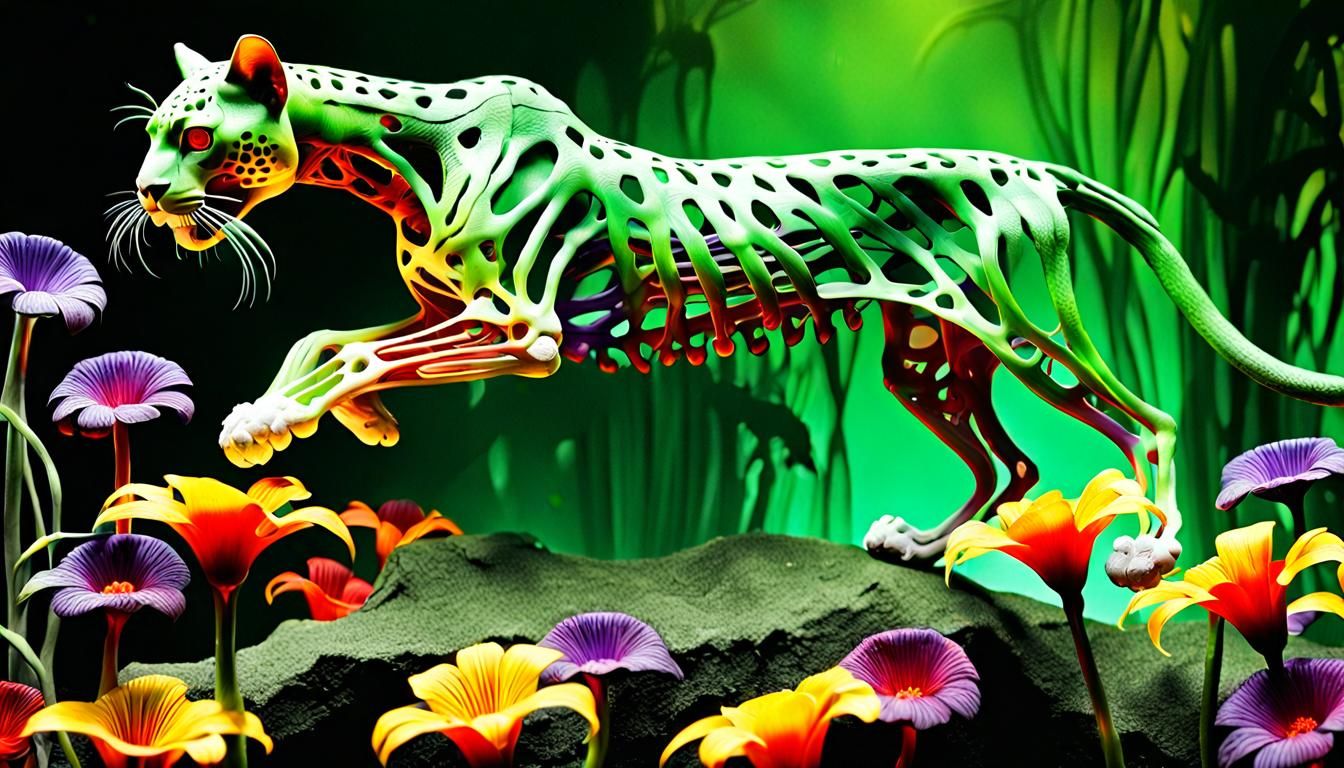 a glass and skeleton puma appearing mid-leap - AI Generated Artwork ...