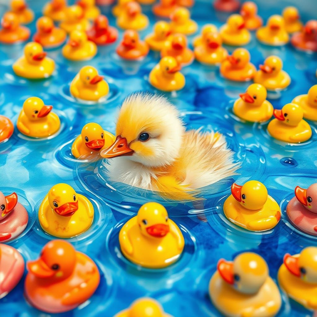 Orphaned duckling learns to swim with the rubber duckies