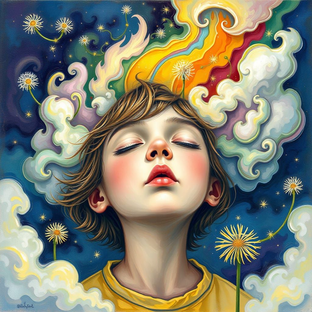 colored pencil, crayon drawing of dreams emerging from the mind of an ...