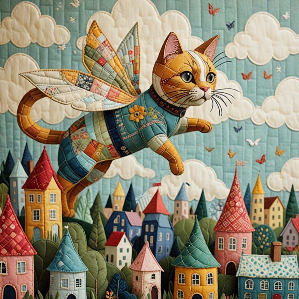 Winged cat made of fabric, chasing a winged mouse made of fabric , cat ...