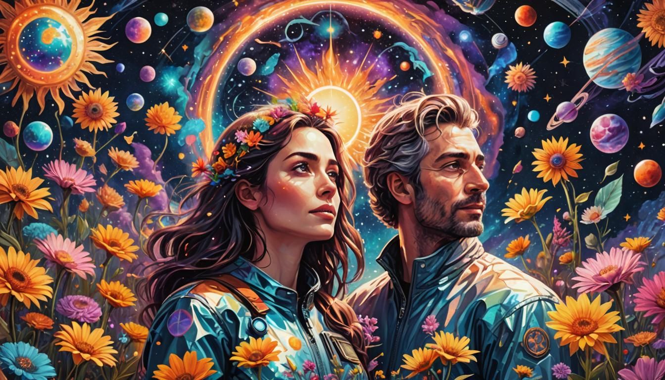 man and woman searching for love and happiness, space, flowers, sun ...