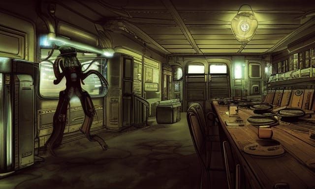 old dim saloon, western, science fiction, alien, otherworldly ...